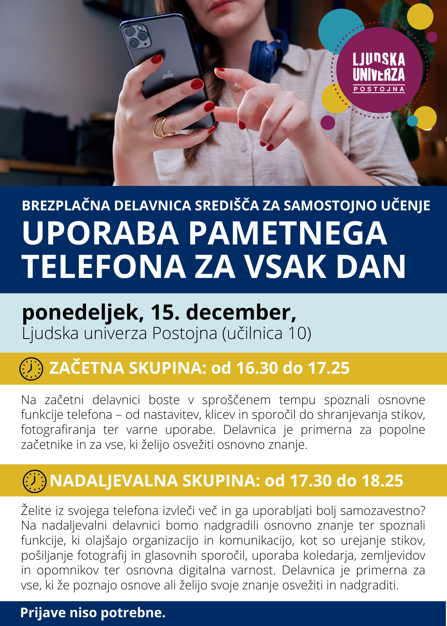 Brezplačna delavnica Uporaba pametnega telefona za vsak dan | Virtualno ...